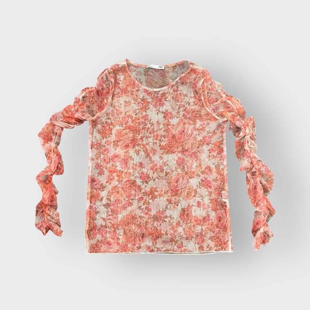 Zara Red Orange Sheer Floral Sheer Mesh Long Sleeve R… - Gem